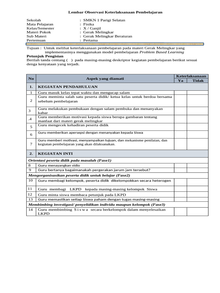 Lembar Observasi Keterlaksanaan Pembelajaran | PDF | Karier & Perkembangan | Pengembangan Diri