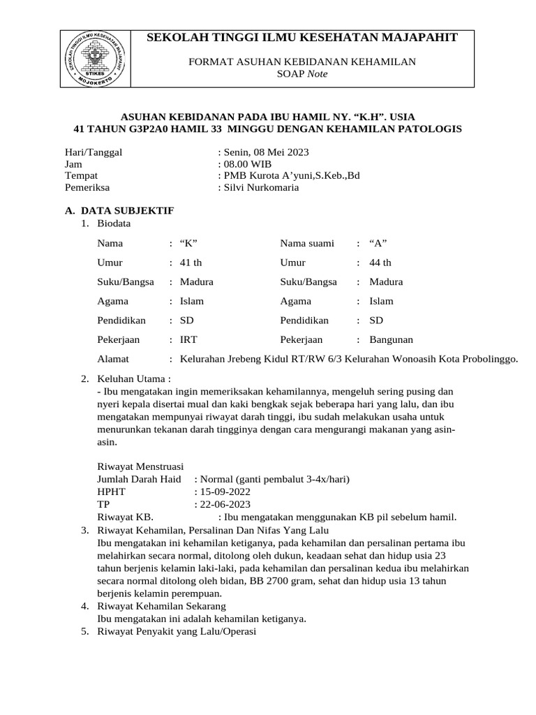 SOAP Kehamilan TM 3 PATOLOGIS | PDF