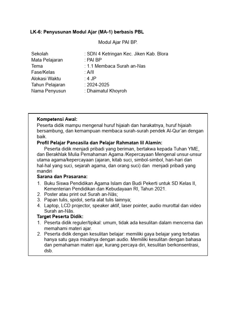 LK-6: Penyusunan Modul Ajar (MA-1) Berbasis PBL | PDF