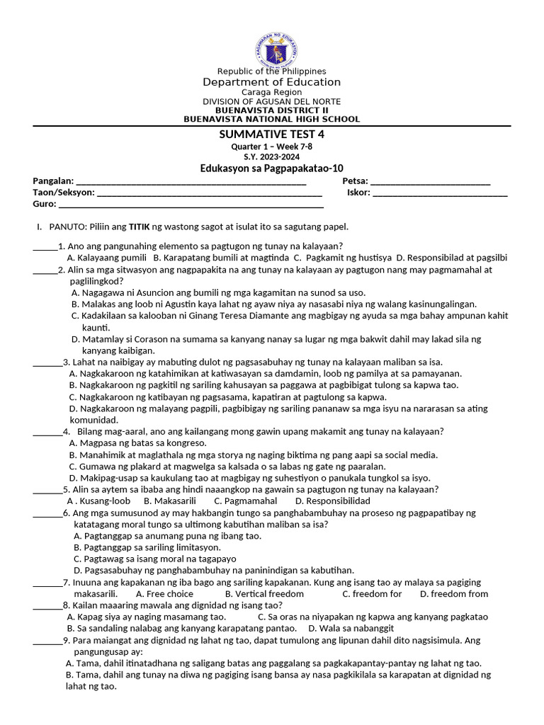EsP Q1 Summative Test Week7 8 | PDF