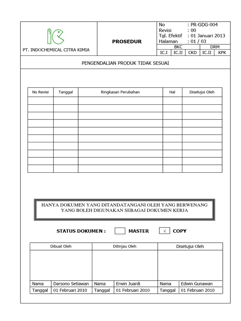 PR-GDG-004 Pengendalian Produk Tidak Sesuai ICK | PDF