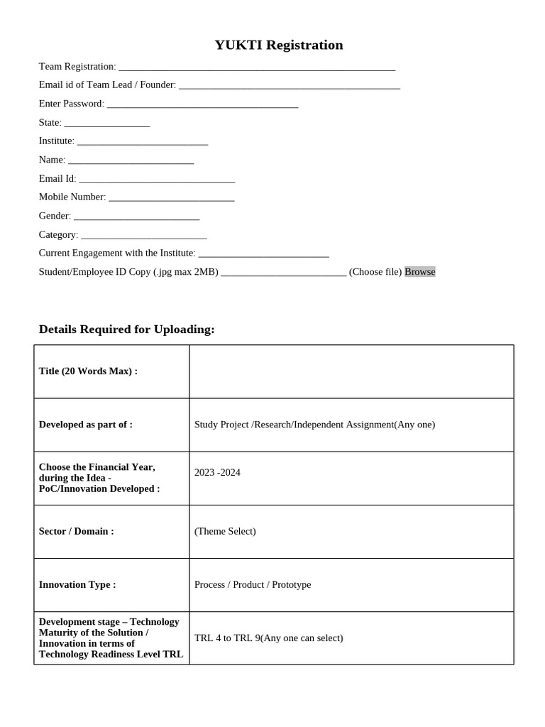 Yukti Application Form-Innovation-Prototype Submission | PDF