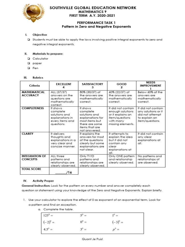 1 Pattern in Zero and Negative Exponents | PDF