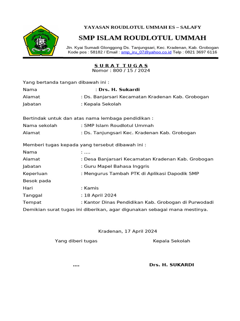 Surat Tgas Nambah PTK | PDF