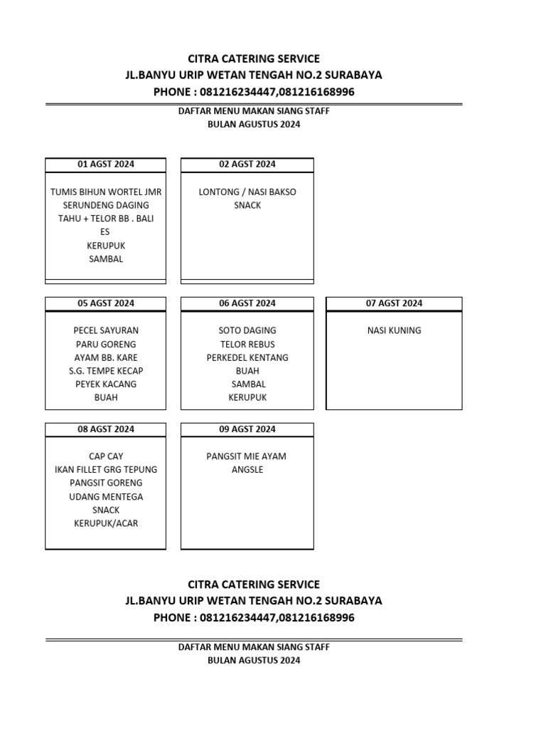 Menu Pt. Jangkar Pacifik Agst 2024 | PDF
