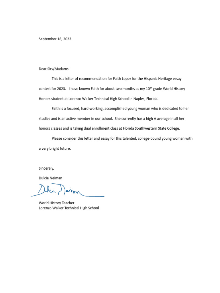 Letter of Recommendation For Faith Lopez | PDF