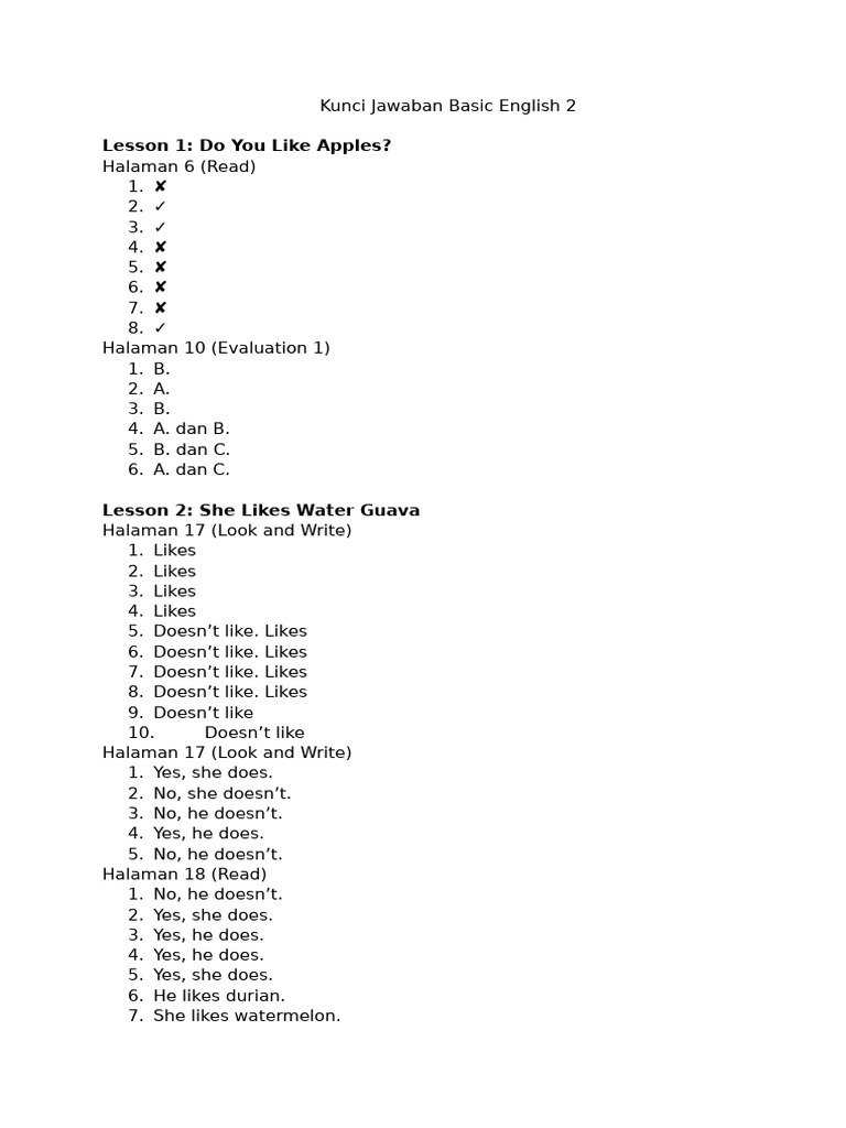 SD - Kunci B. Inggris (Basic English) II | PDF