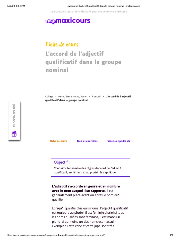L'Accord de L'adjectif Qualificatif Dans Le Groupe Nominal ...