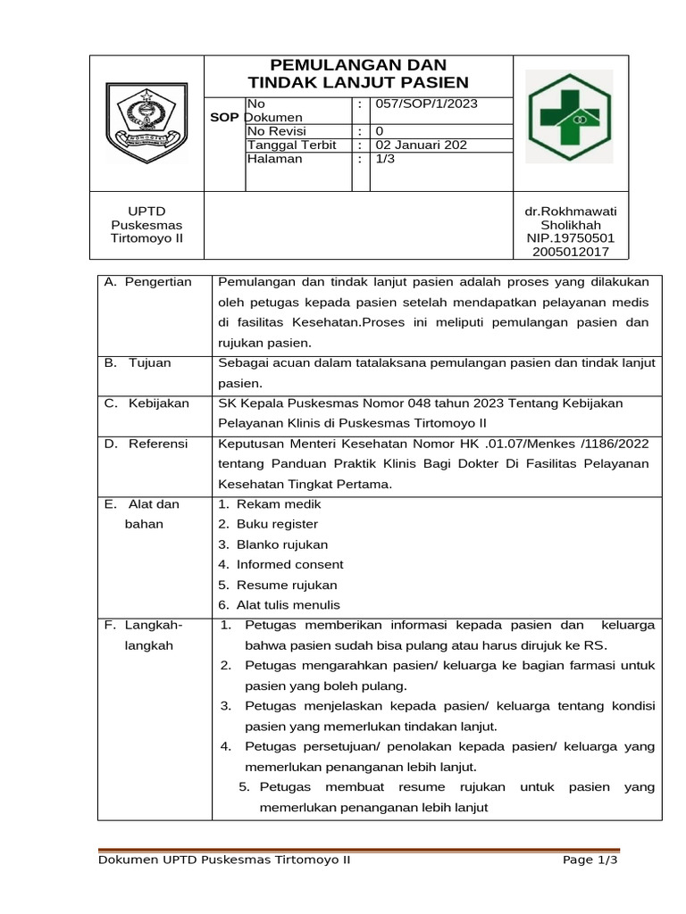 SOP Pemulangan Dan TL Pasien Revisi Survey | PDF