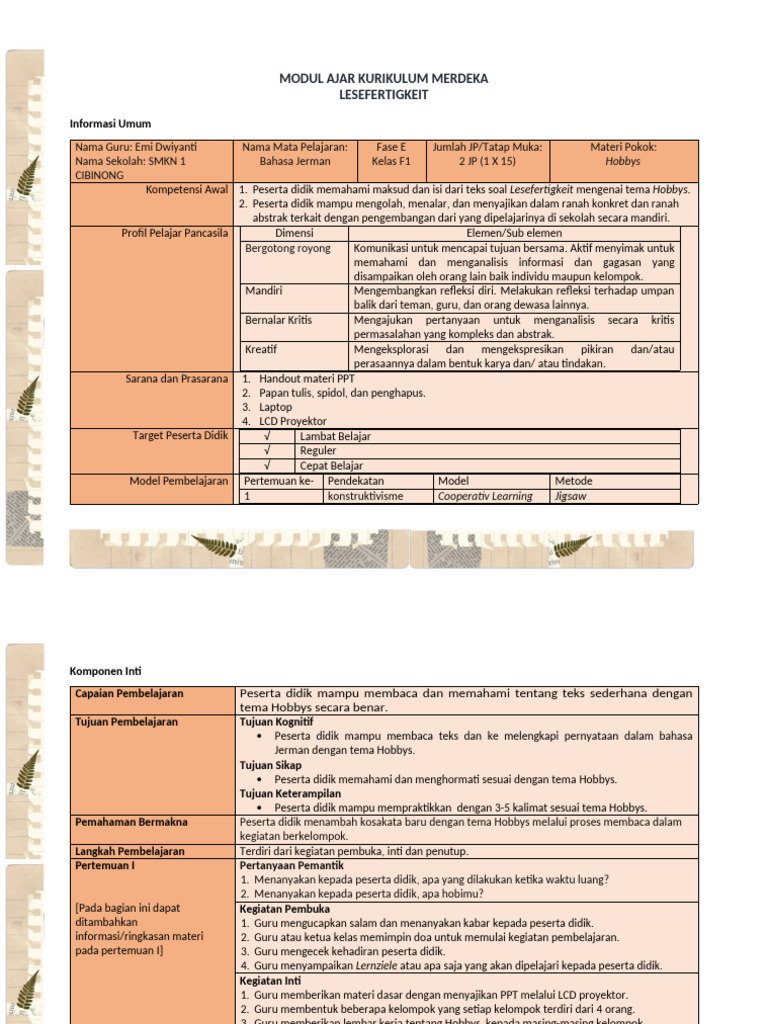 Modul Ajar Hobbys (Meuthya, Ara, Wildan) | PDF