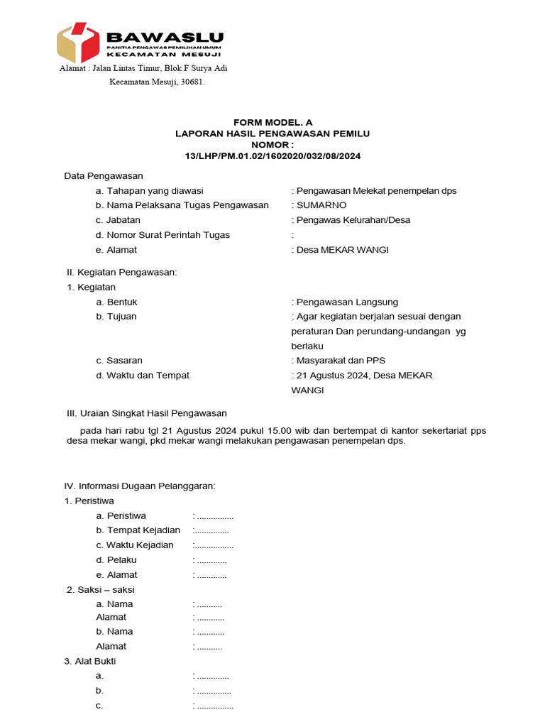 Form A Pengawasan Dps MW | PDF