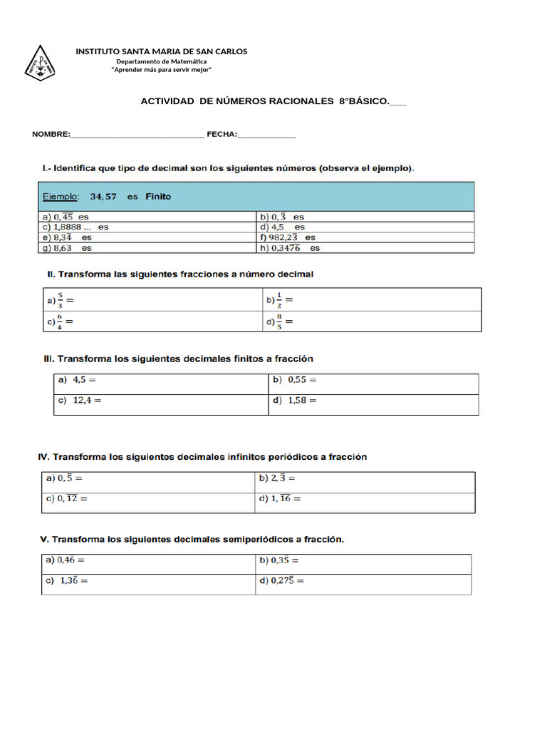 Actividad de Números Racionales 8 | PDF