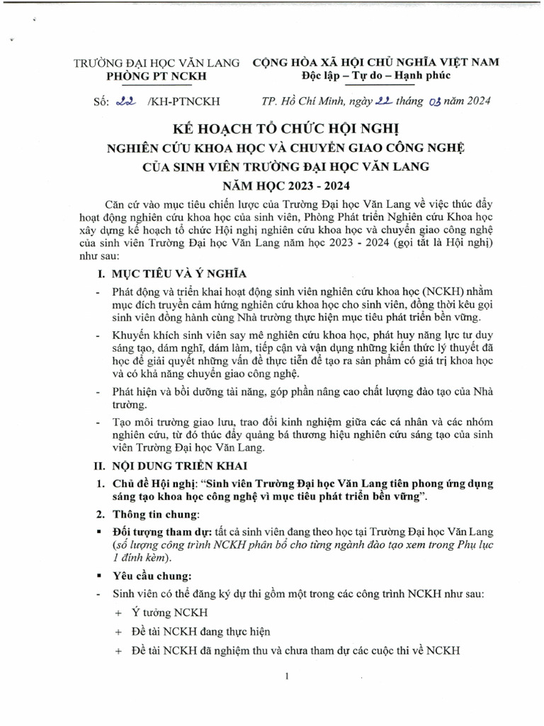 KH To Chuc Hoi Nghi NCKH Va CGCN Cua SV DHVL NH 2023-2024-Full | PDF