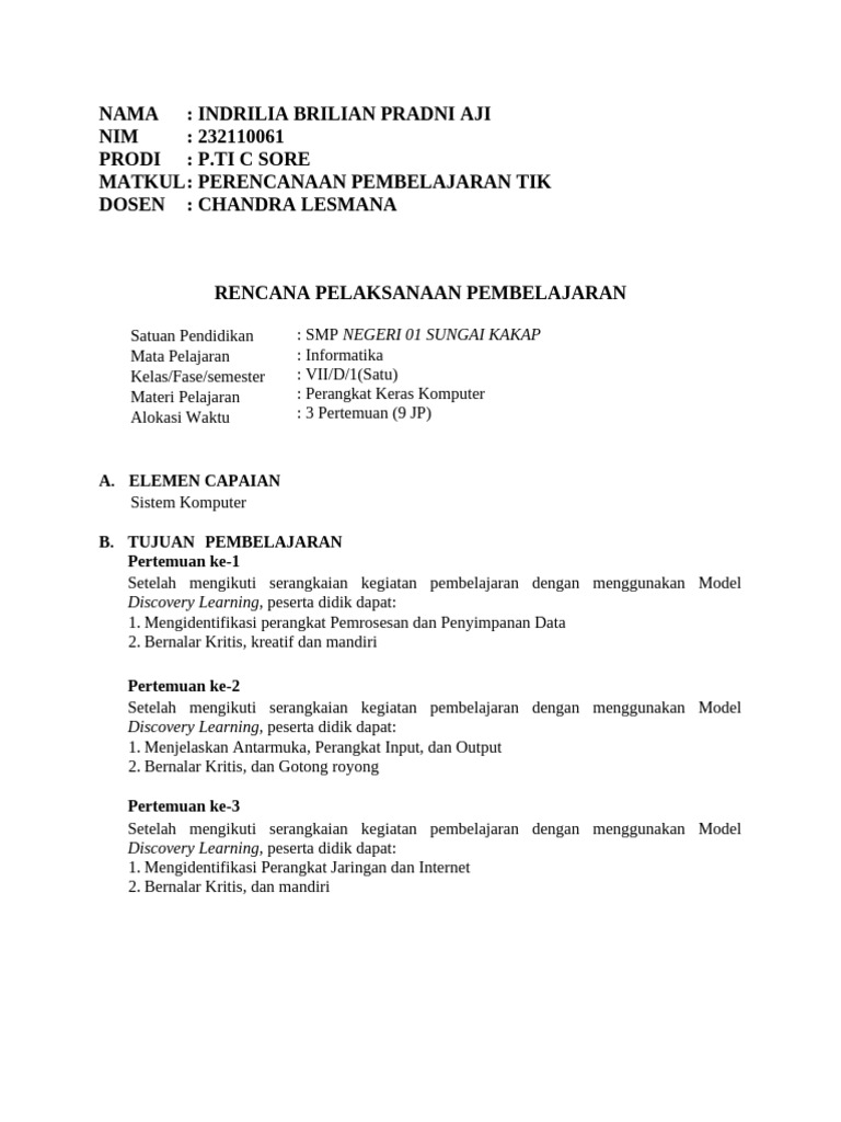 Tugas Membuat RPP Rencana Pembelajan Tik | PDF