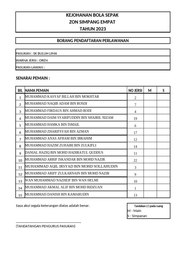 Borang Pendaftaran Perlawanan Zon Simpang4 2023 | PDF