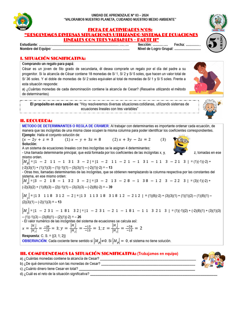 Ficha de Ecuaciones Con Tres Incógnitas | PDF | Ecuaciones | Determinante