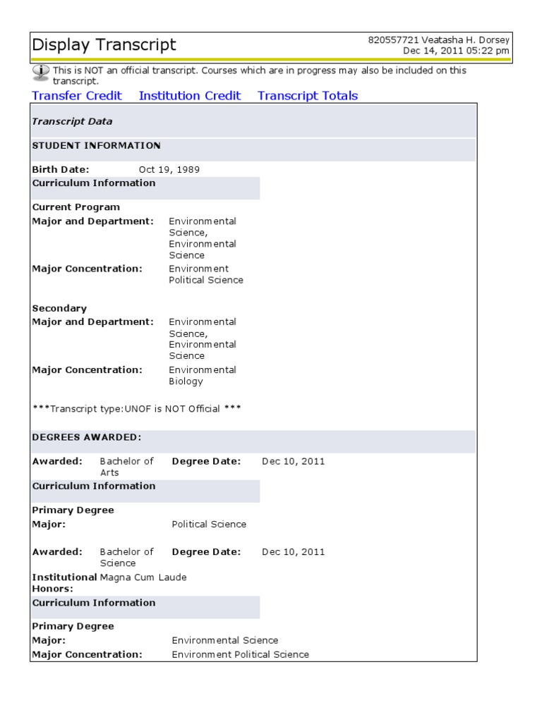 Veatasha Dorsey Final Unofficial Transcript | PDF | Advanced Placement ...