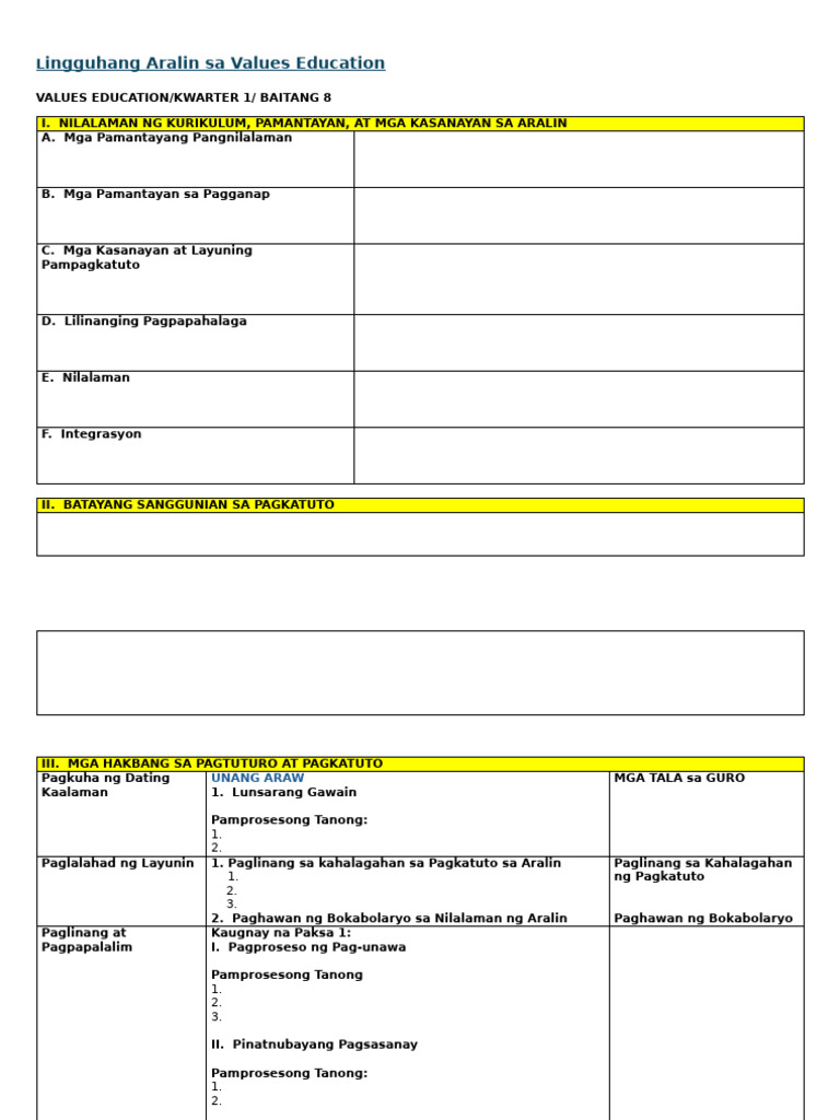 Lingguhang Aralin Sa Values Education | PDF