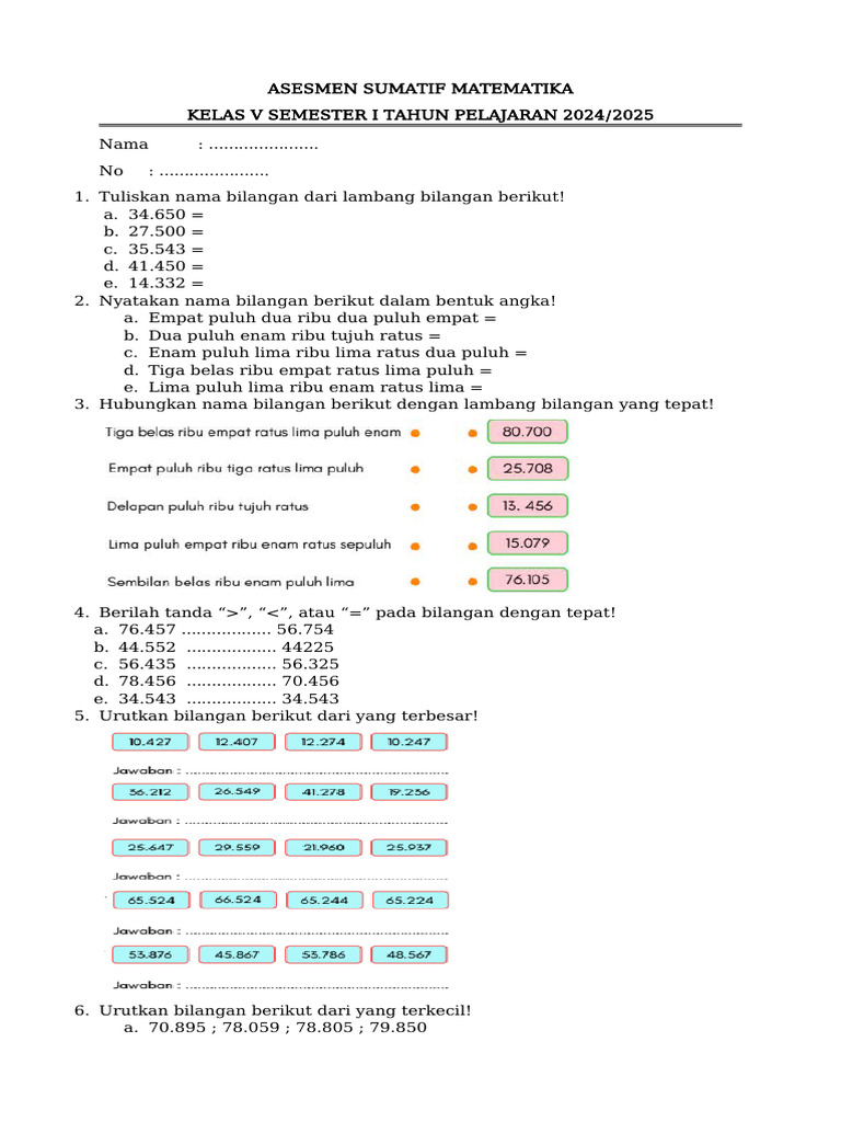 Asesmen Sumatif Matematika Bilangan Cacah Sem 1 | PDF