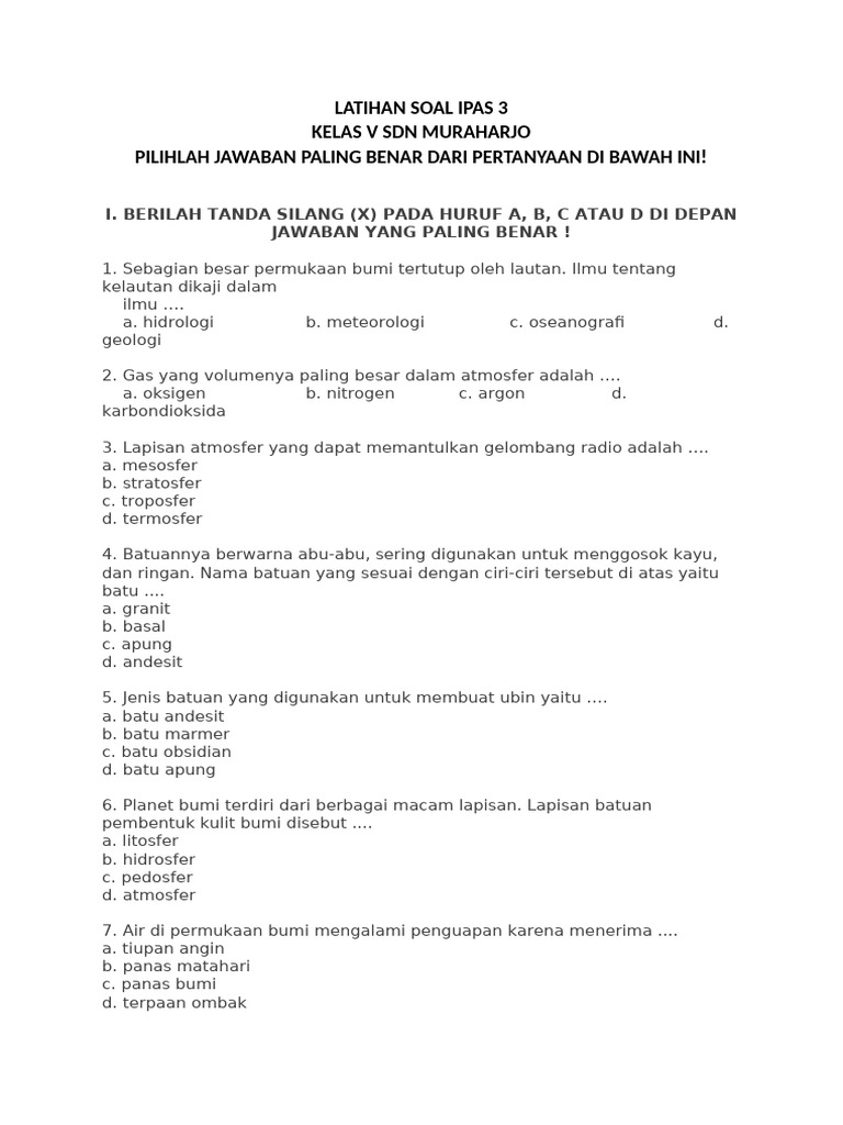Soal Latihan Kelas V Uts | PDF