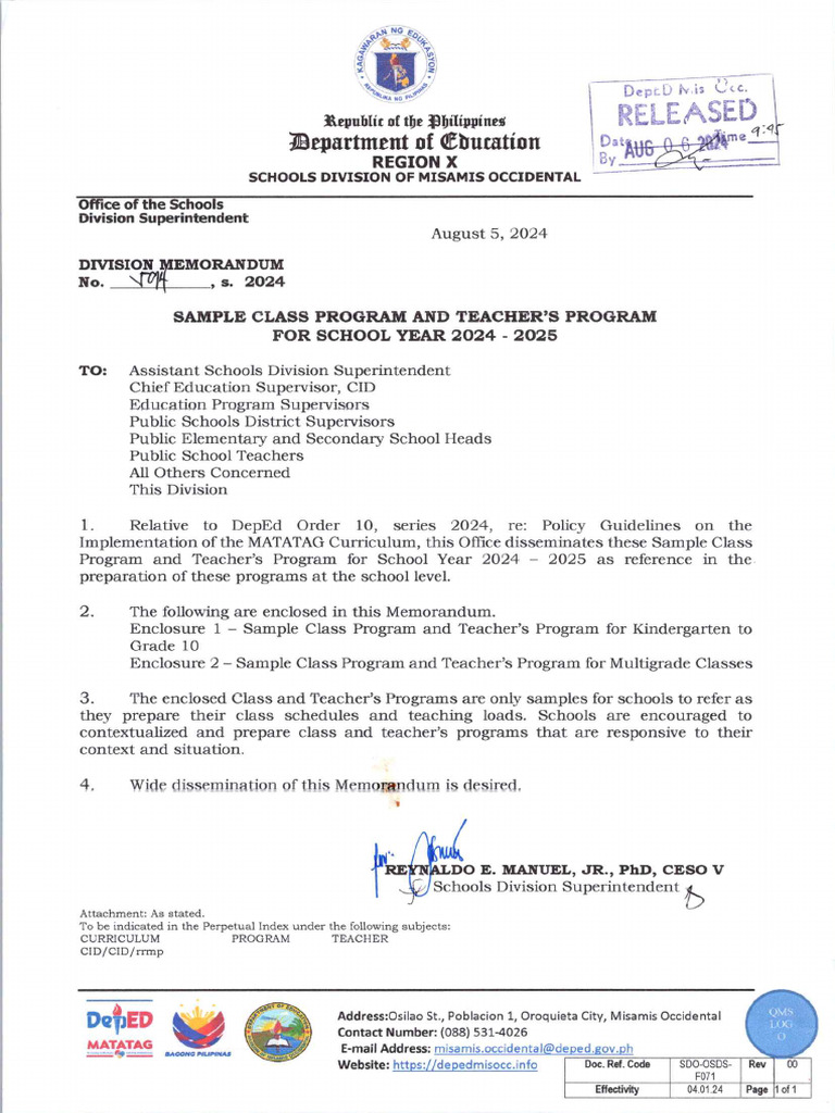 Dm. 594 S. 2024 Sample Class Program and Teachers Program For School ...