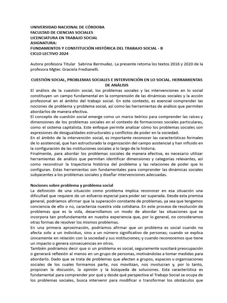 Cuestión Social, Problemas Sociales e Intervencion en Lo Social 2024 | PDF