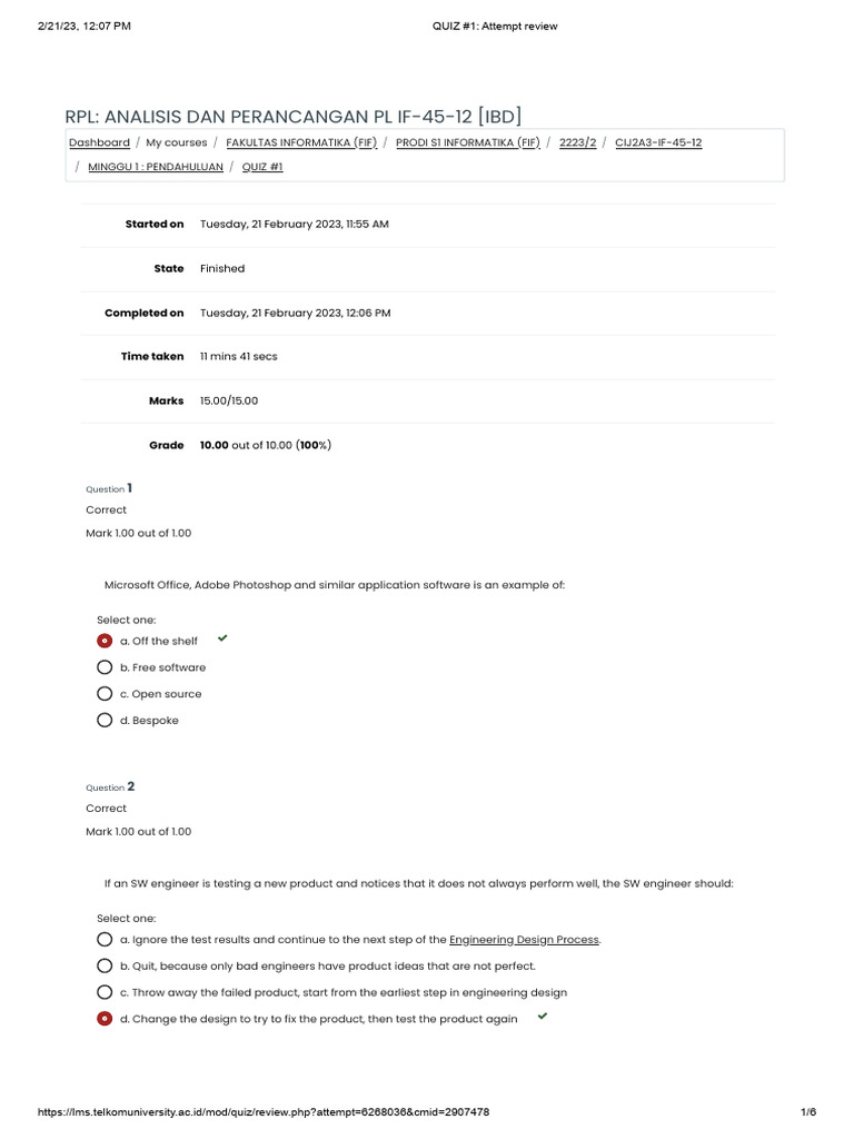 QUIZ #1 - Attempt Review1 RPL ANALISIS DAN PERANCANGAN PL | PDF