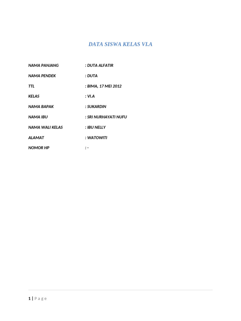 Data Siswa Kelas Vi Duta | PDF