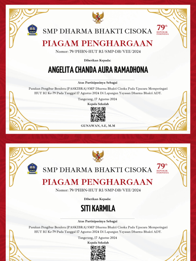 Piagam Penghargaan Upacara Kemerdekaan Indonesia SMP DB | PDF