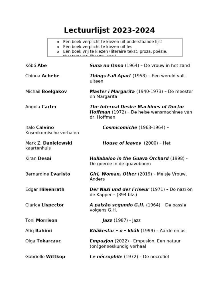 Verplichte Lectuur 2023-2024 | PDF