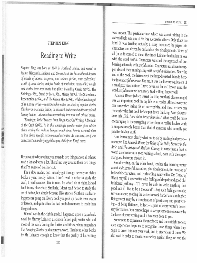 'Reading To Write' - Stephen King | PDF
