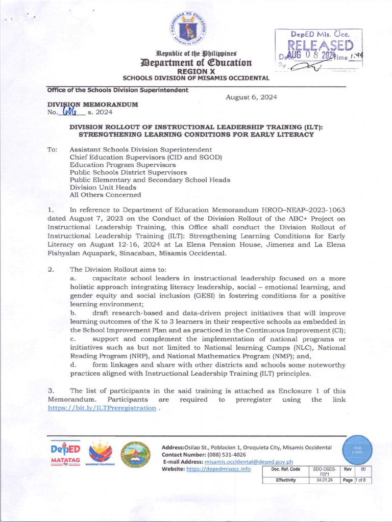 Dm. 606 S. 2024 Division Rollout of Instructional Leadership Training ...