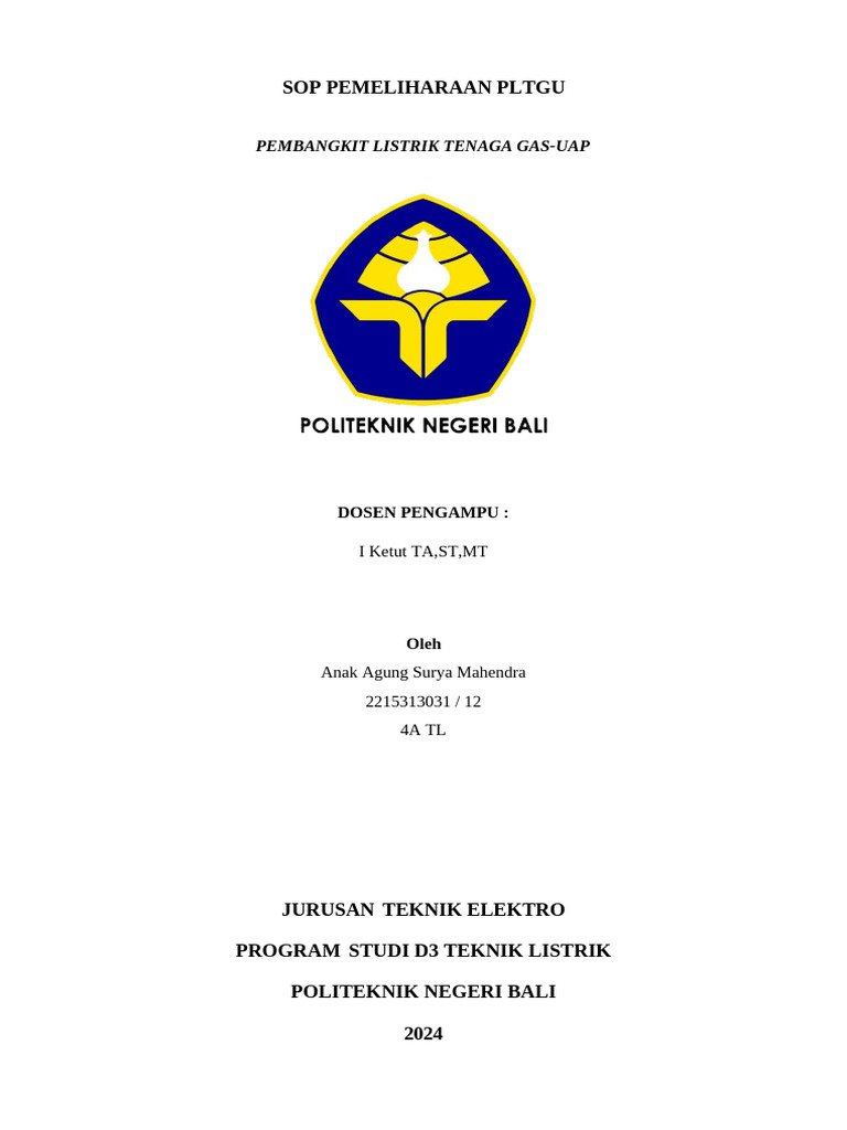 01 - SOP Pemeliharaan PLTGU - I Made Putra Wahyu Aditya - 2215313001 - 4A TL | PDF