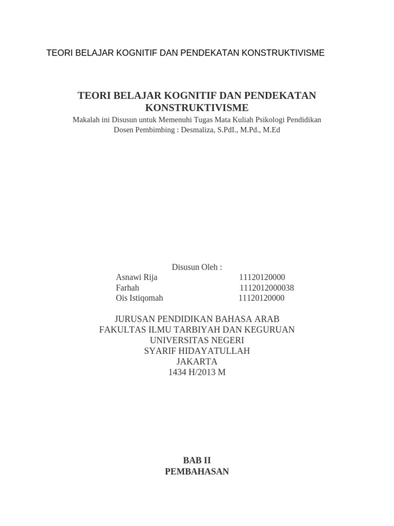 Teori Belajar Kognitif Dan Pendekatan Konstruktivisme | PDF