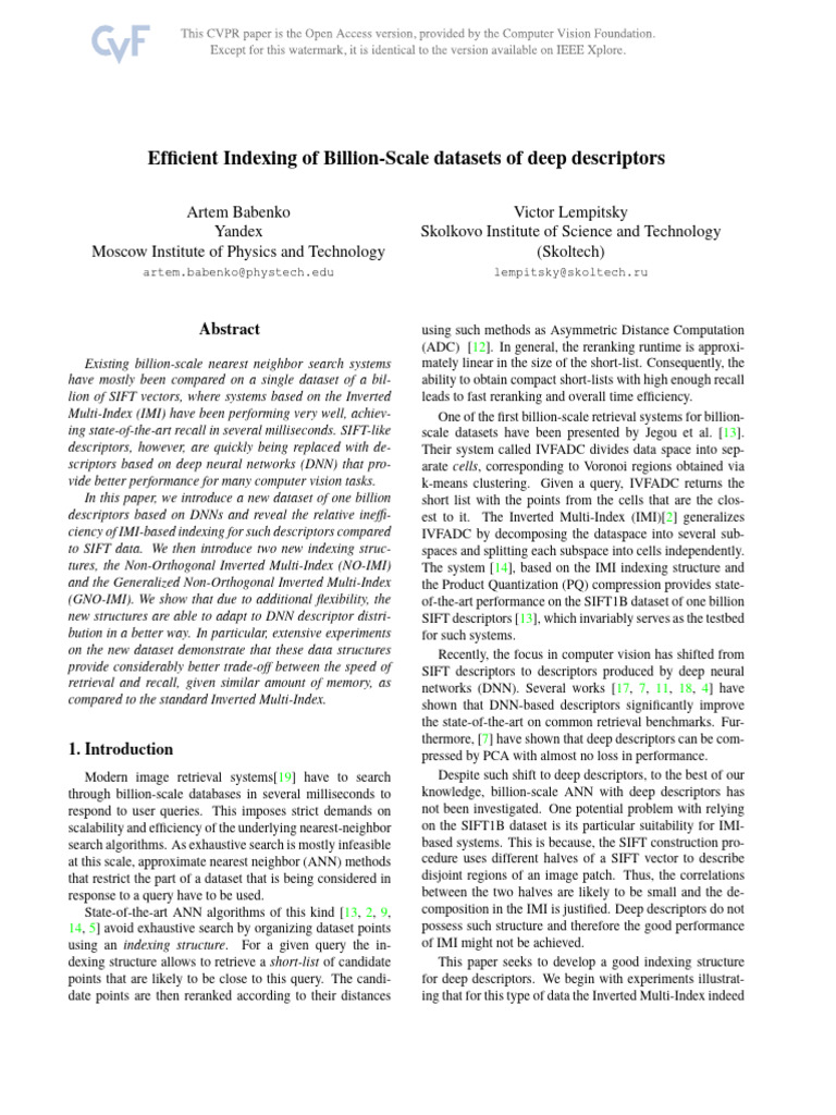Efficient Indexing of Billion-Scale Datasets of Deep Descriptors | PDF