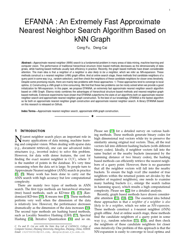EFANNA: An Extremely Fast Approximate Nearest Neighbor Search Algorithm Based On KNN Graph | PDF