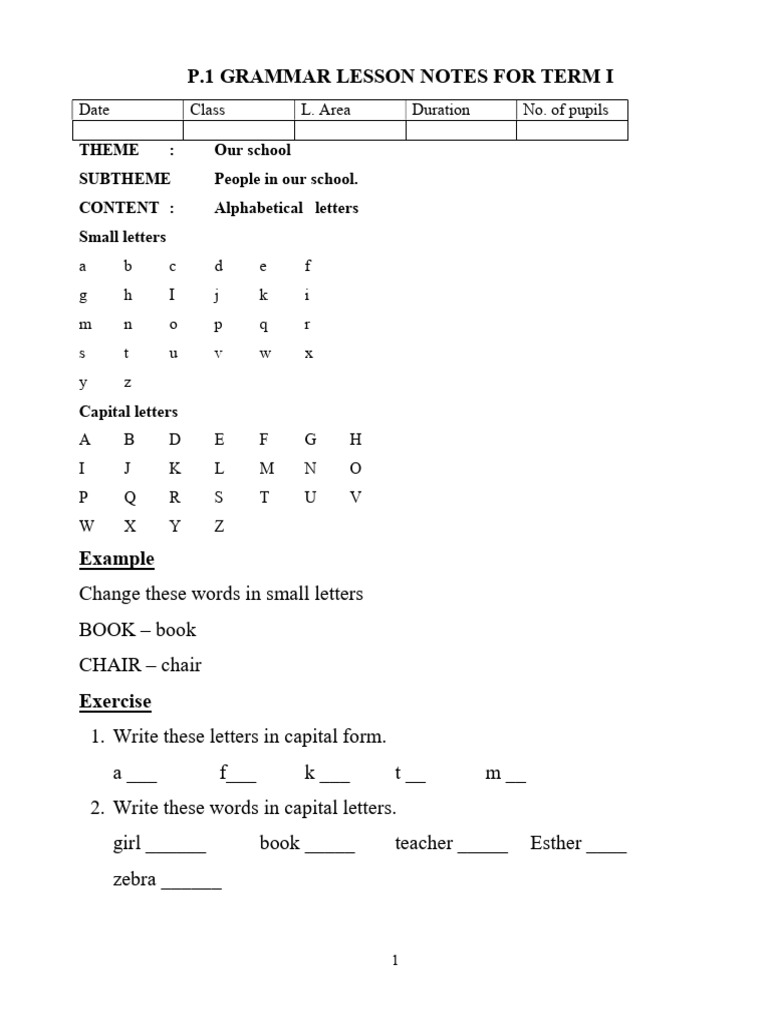 P.1 Term 1 English Lesson Notes | PDF