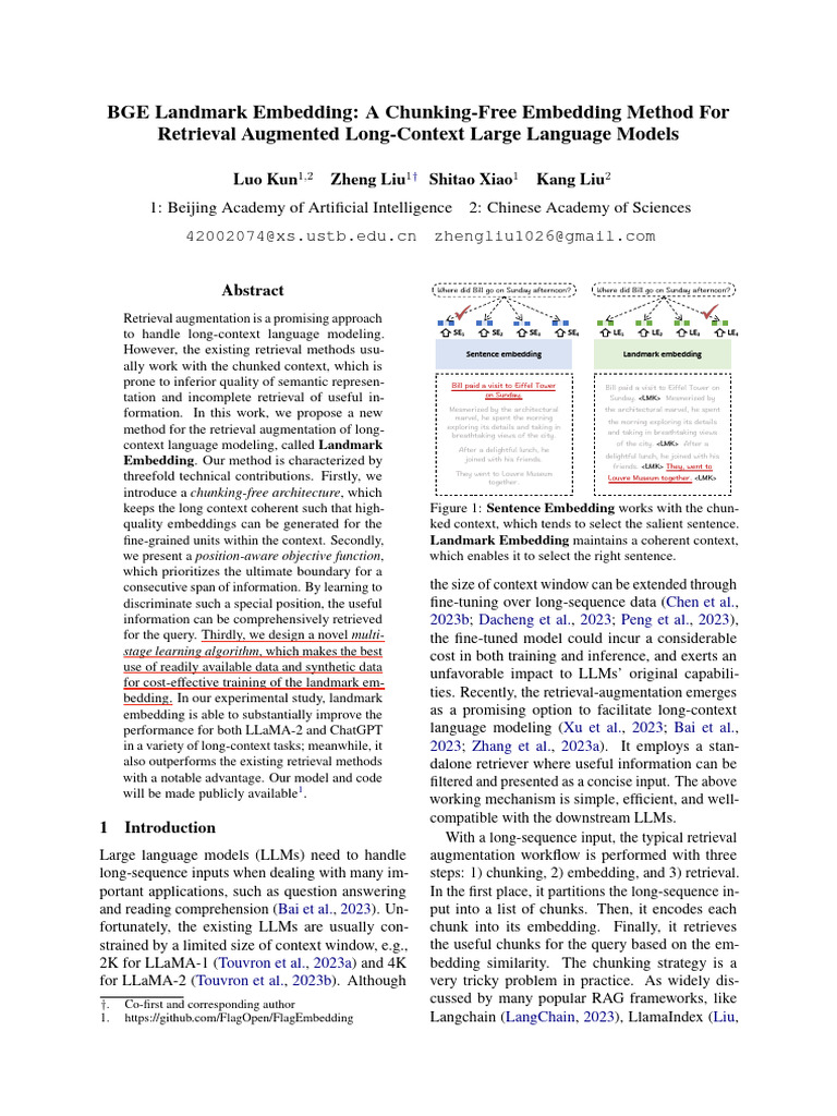Landmark Embedding A Chunking Free Embedding Method For Retrieval Augmented Long Context Large