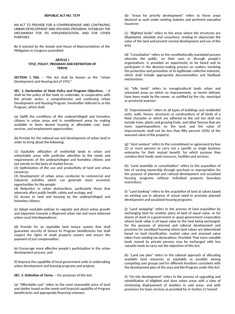 RA 7279 Urban Development and Housing Act of 1992 | PDF