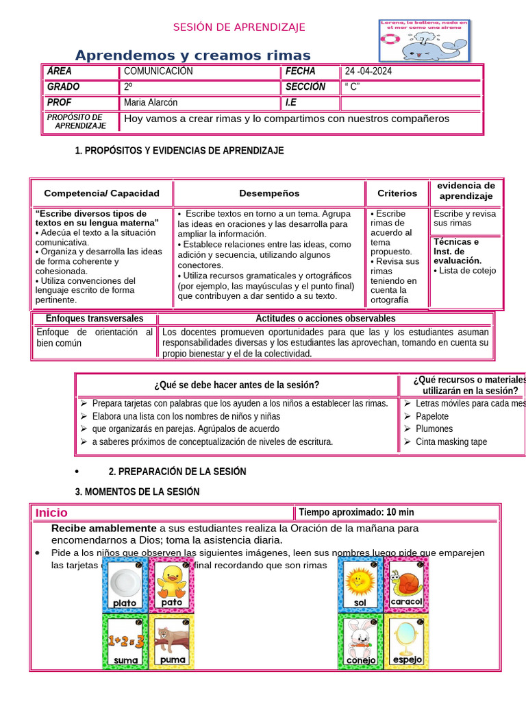 Sesión Aprendemos y Creamos Rimas | PDF