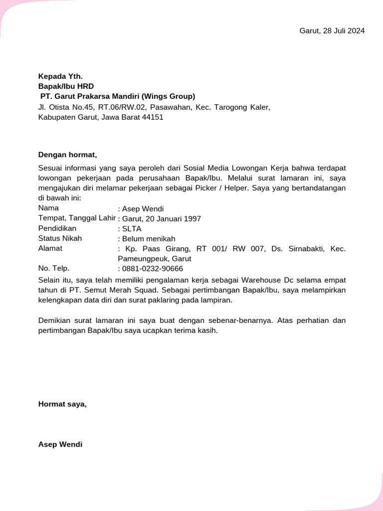 Surat Lamaran Asep | PDF