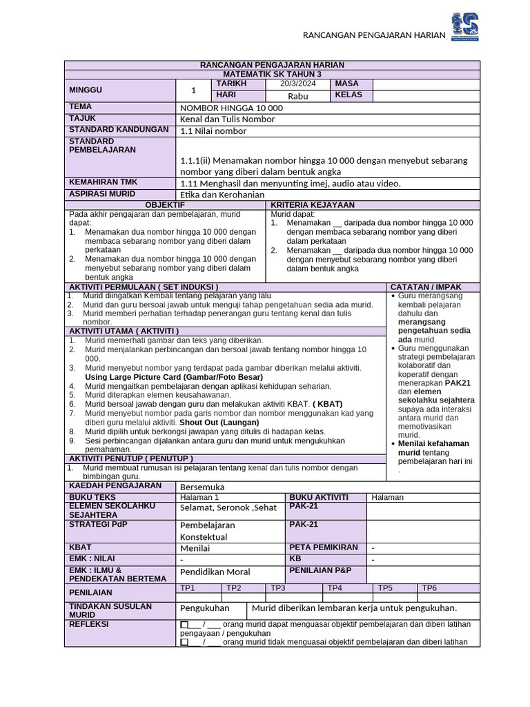 RPH Minggu 1 Matematik THN 3 2023 by Cikgu Gorgeous | PDF