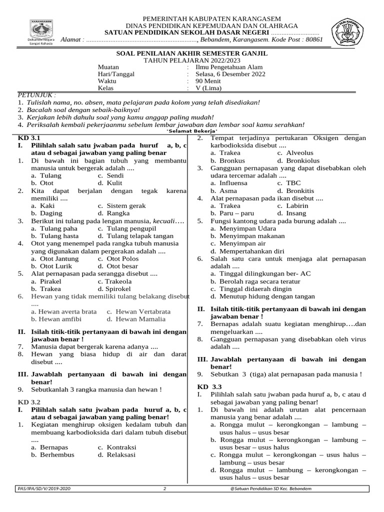 Pas Ipa Kelas 5 TP 2019-2020 | PDF
