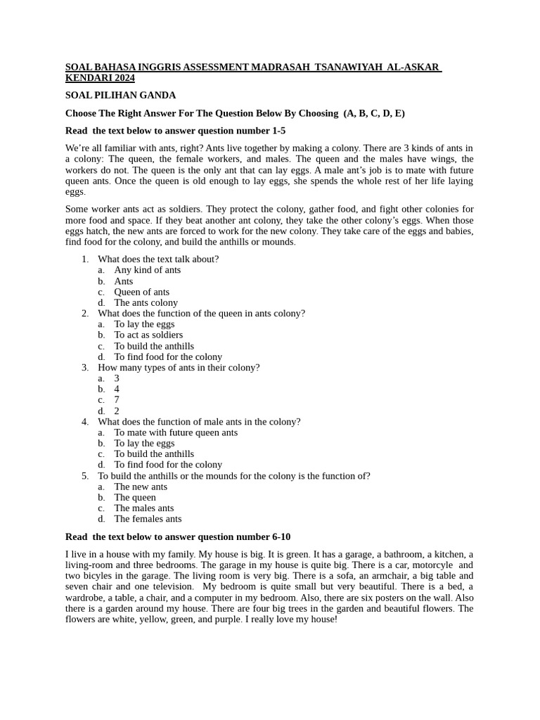 SOAL BAHASA INGGRIS ASSESSMENT MADRASAH TSANAWIYAH AL Askar | PDF