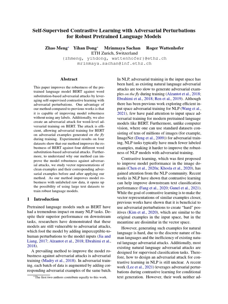 Self Supervised Contrastive Learning With Adversarial Perturbations For