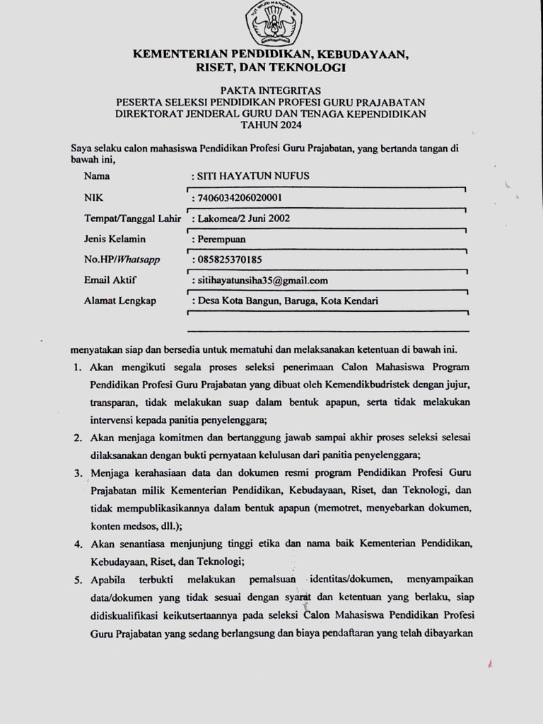 Pakta Integritas PPG Prajab | PDF