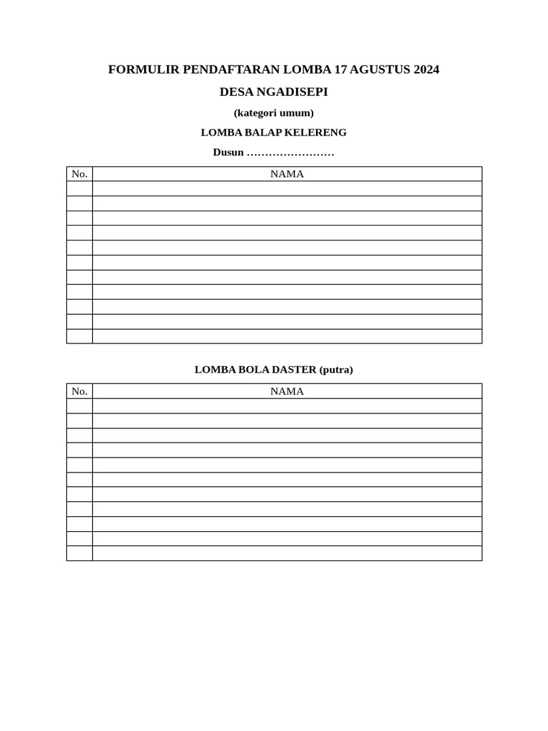 Formulir Pendaftaran Lomba 17 Agustus 2024 | PDF