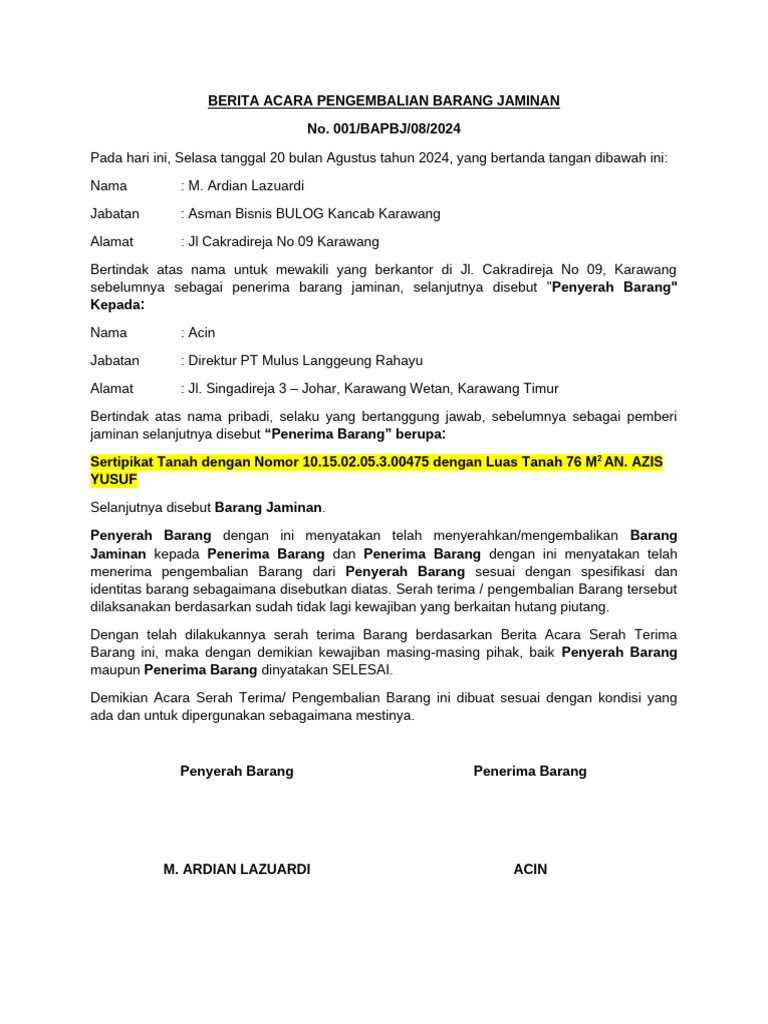 Berita Acara Pengembalian Barang Jaminan | PDF