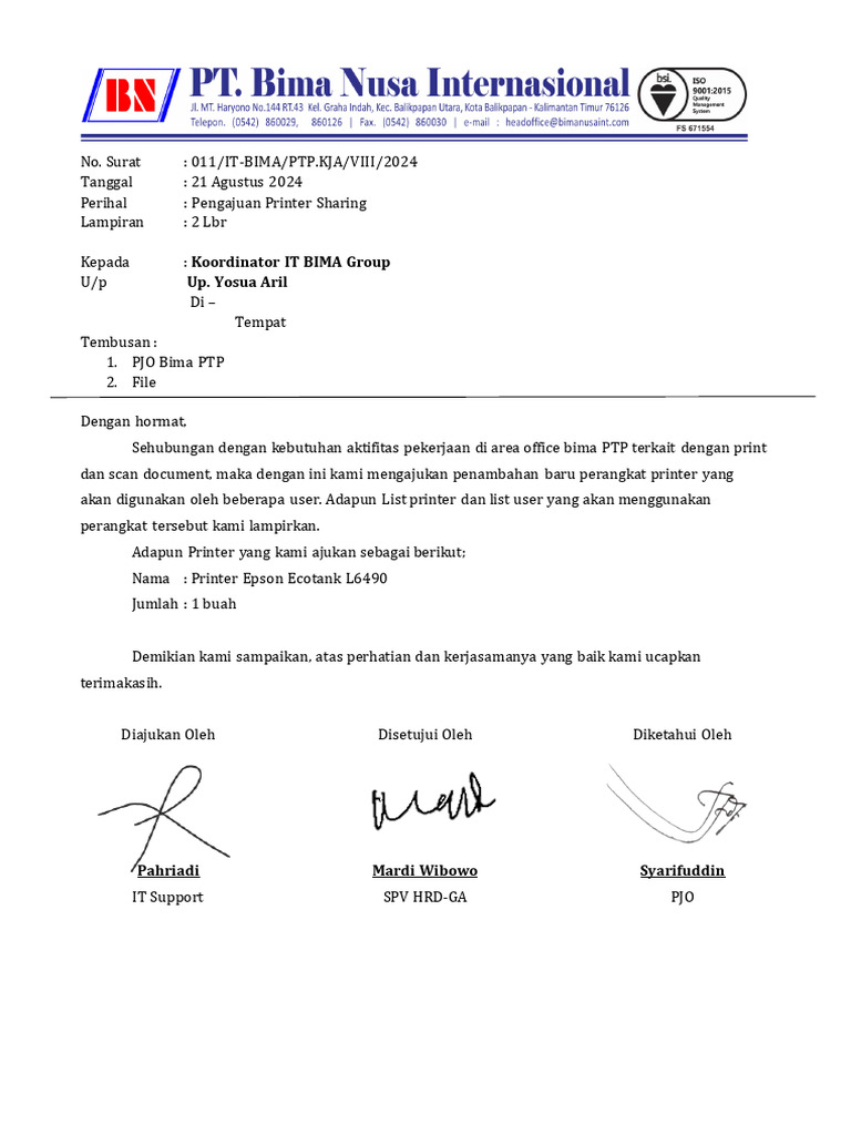 Pengajuan Printer Sharing untuk BIMA PTP | PDF | Komputer
