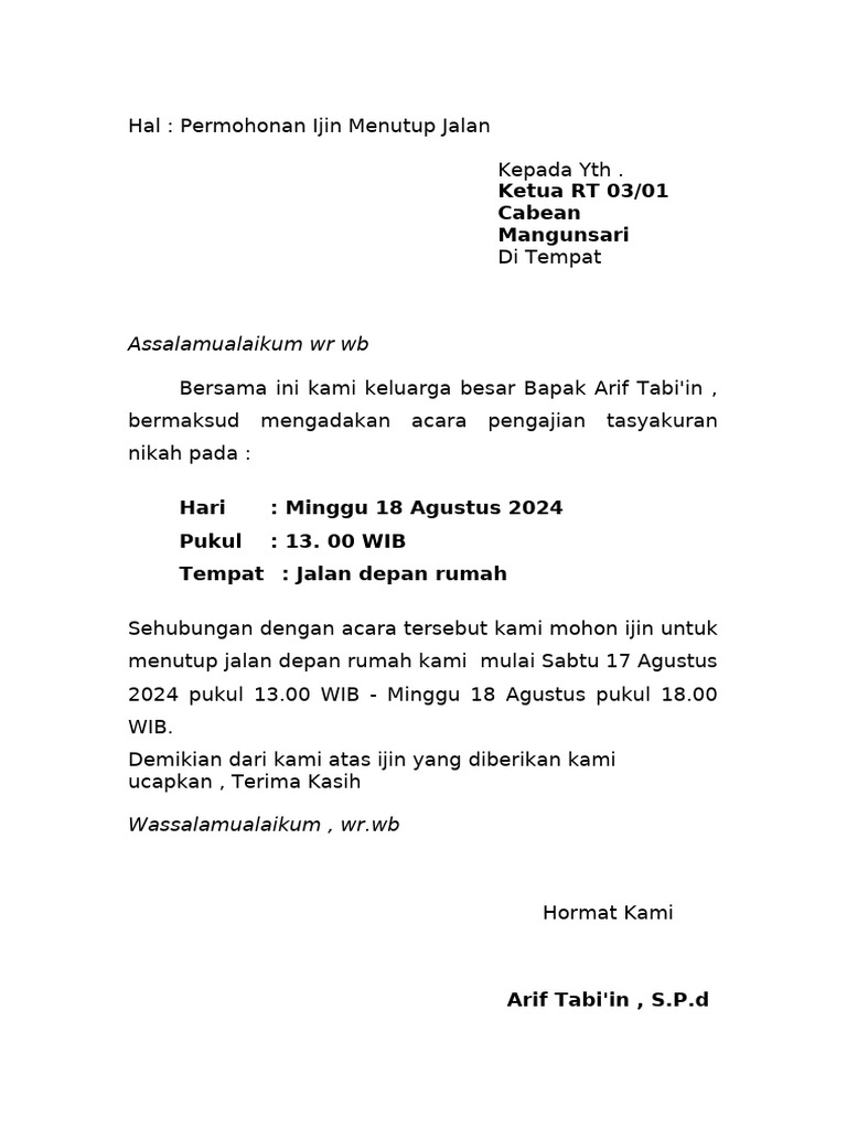 Surat Permohonan Ijin Menutup Jalan | PDF